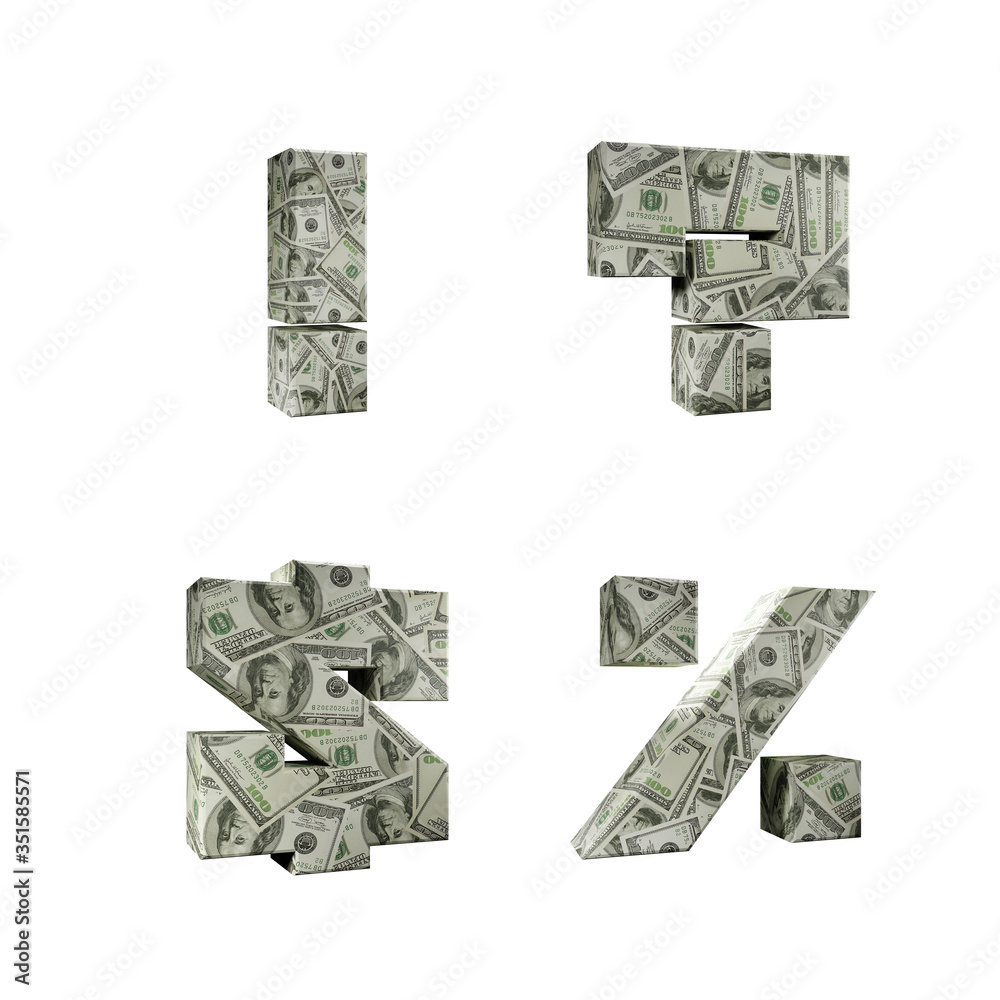3D wrapped-around dollar banknote alphabet, four special characters ...
