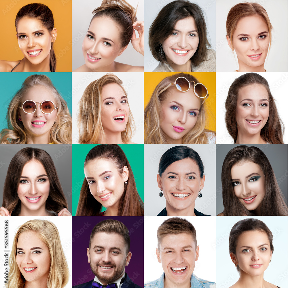 collage of happy smiling faces of people. Happy men and women ...