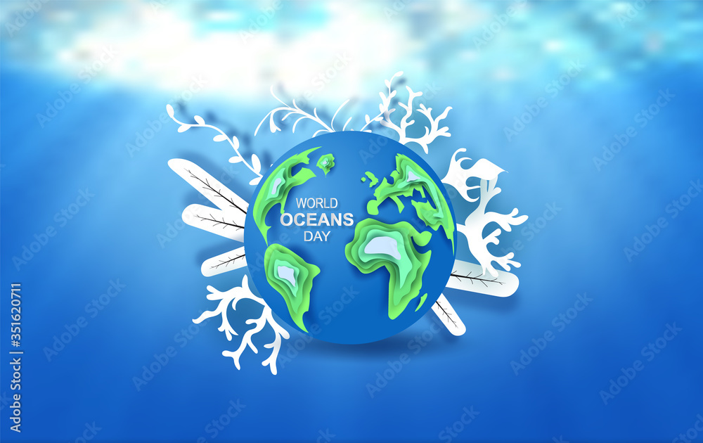 Paper art and cut concept of World Oceans Day. Celebration dedicated to ...