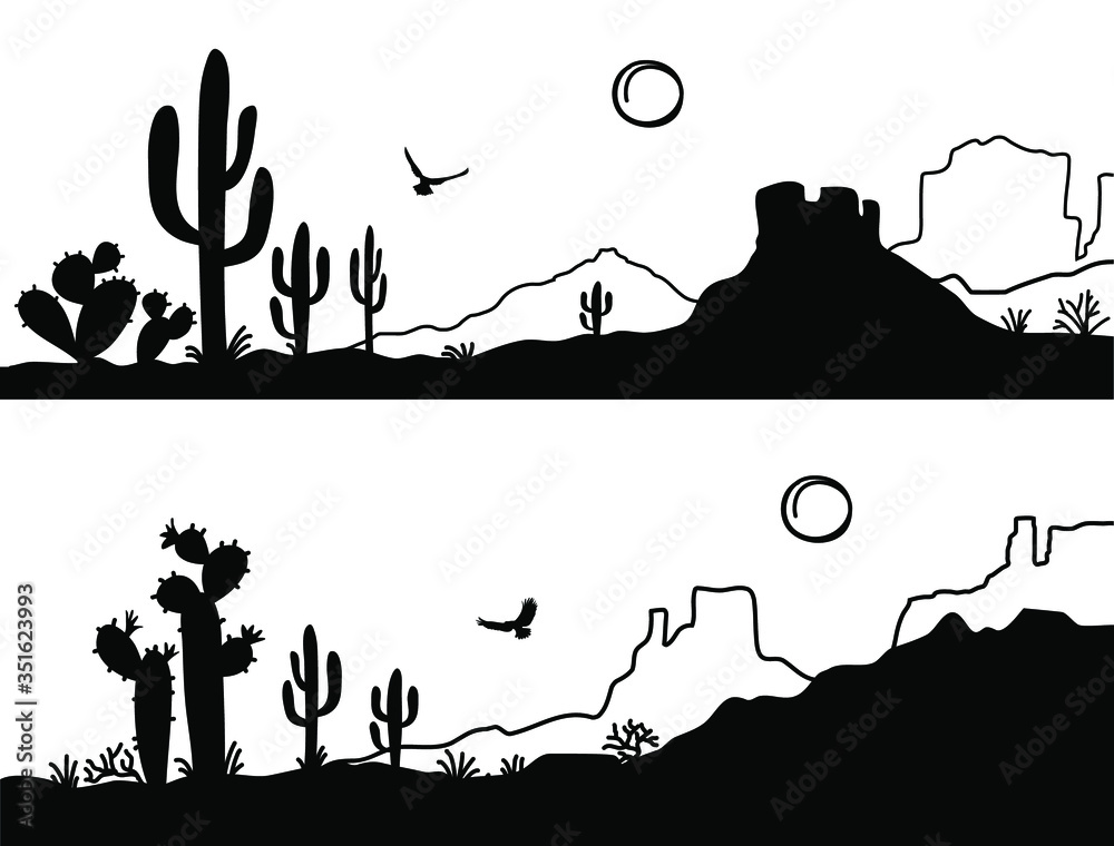 Desert landscape with Cactuses. Arizona desert mountains silhouette ...