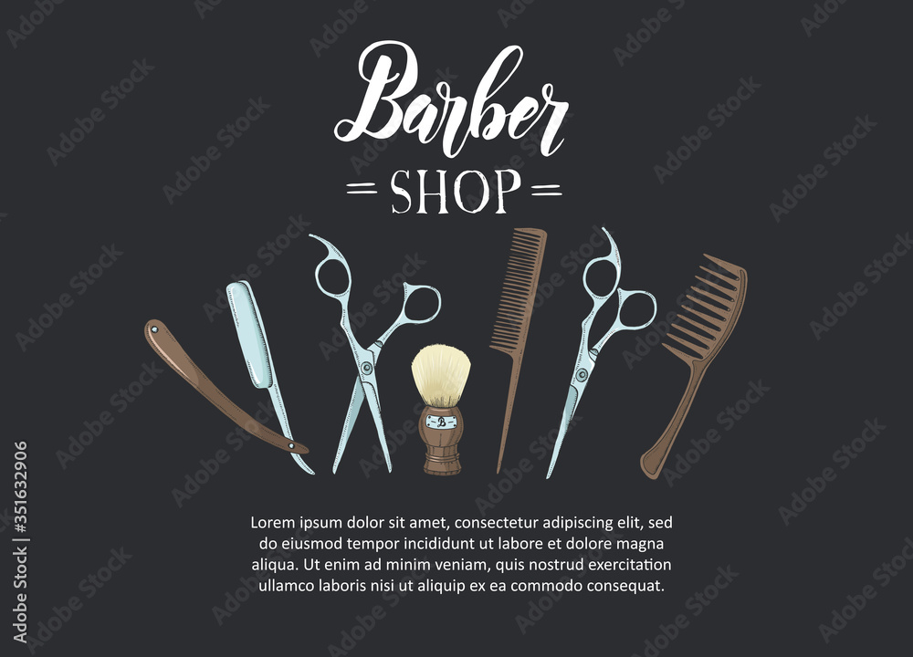 Hand drawn Barber Shop poster with razor, scissors, shaving brush, comb ...