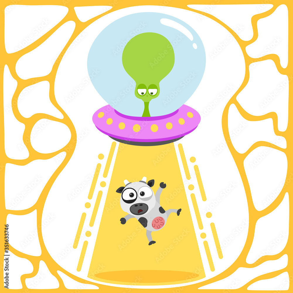 UFO abducts a cow cartoon design.Vector illustration of cartoon green ...