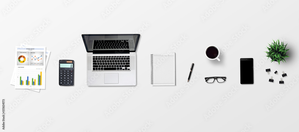 Top view office desk and supplies, with copy space. Creative flat lay ...