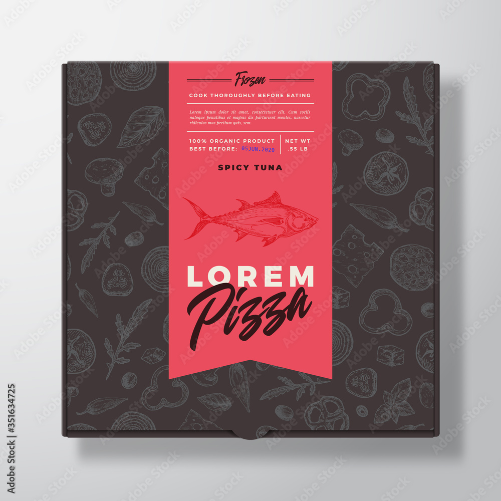 Spicy Tuna Fish Frozen Pizza Realistic Cardboard Box. Abstract Vector ...