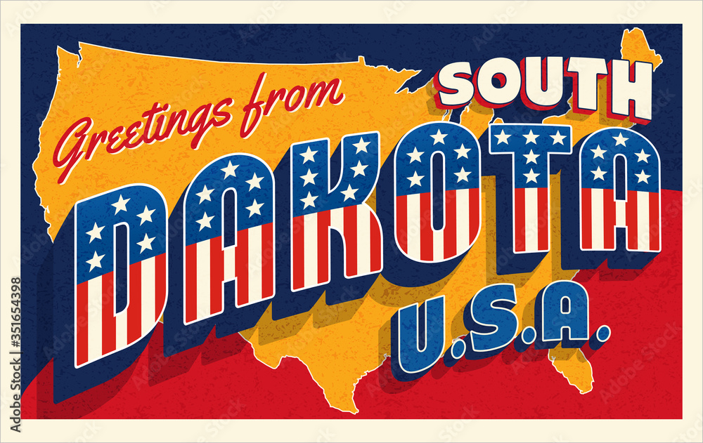 Greetings from South Dakota USA. Retro style postcard with patriotic ...
