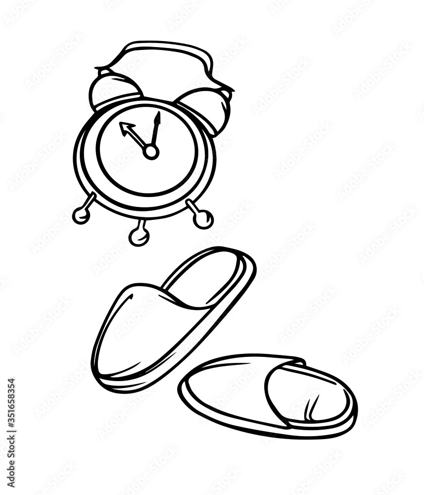 alarm clock and room slippers sleep doodle elements isolate on white ...