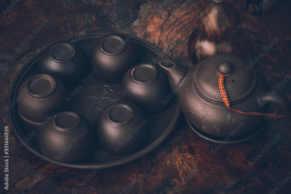 Traditional Vietnamese tea set made from clay, shows a sustainable and ...