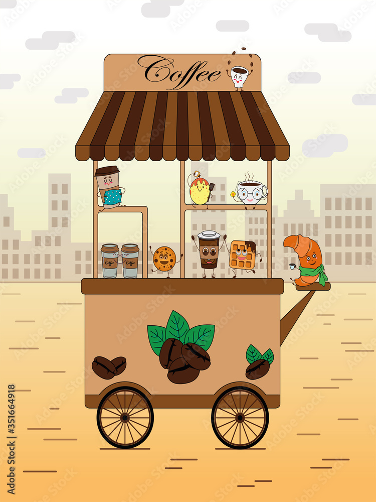 Vector illustration shows a coffee cart. On the cart funny characters ...
