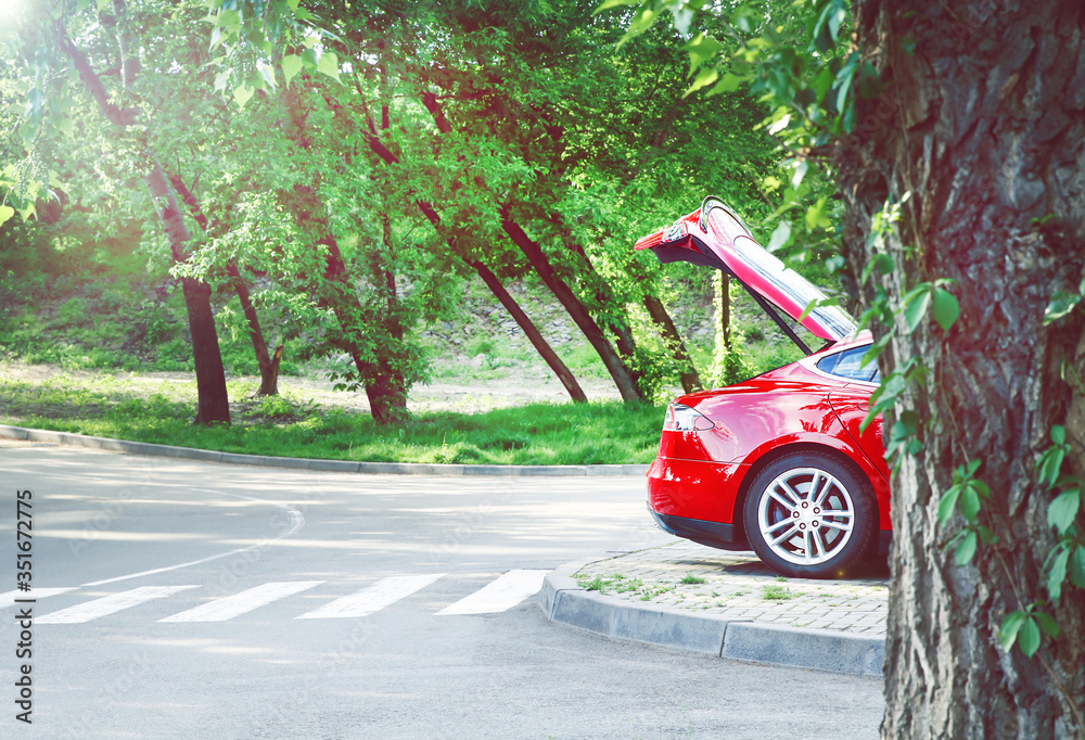 Red car among trees in nature Stock Photo | Adobe Stock