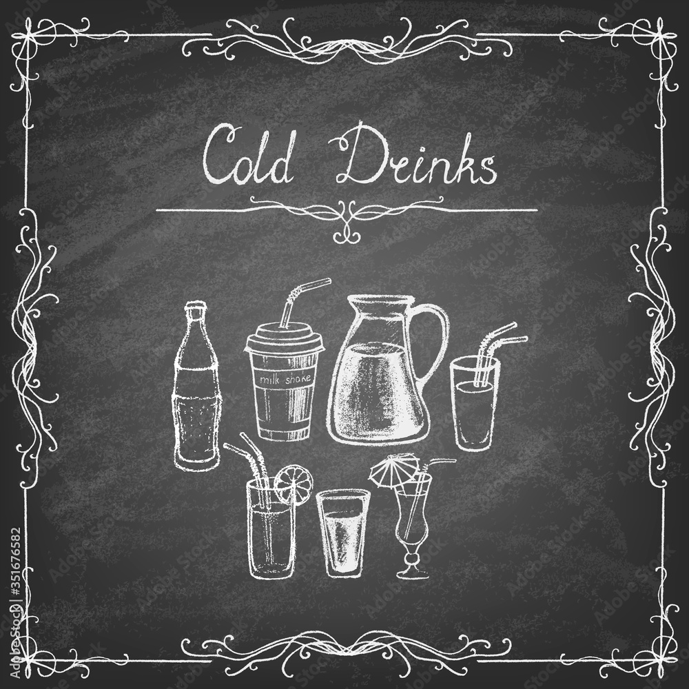 Vintage style. Collection of cold drinks hand drawn sketches on the ...