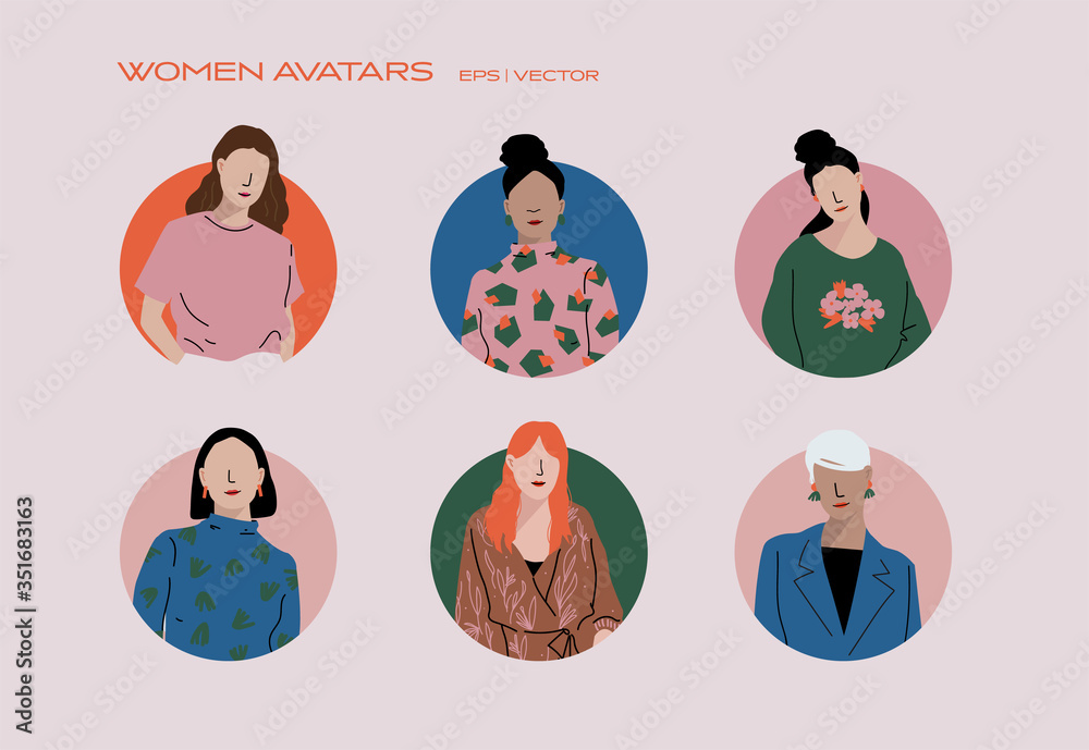 Illustrated icons of diverse women with stylish clothes and colorful ...