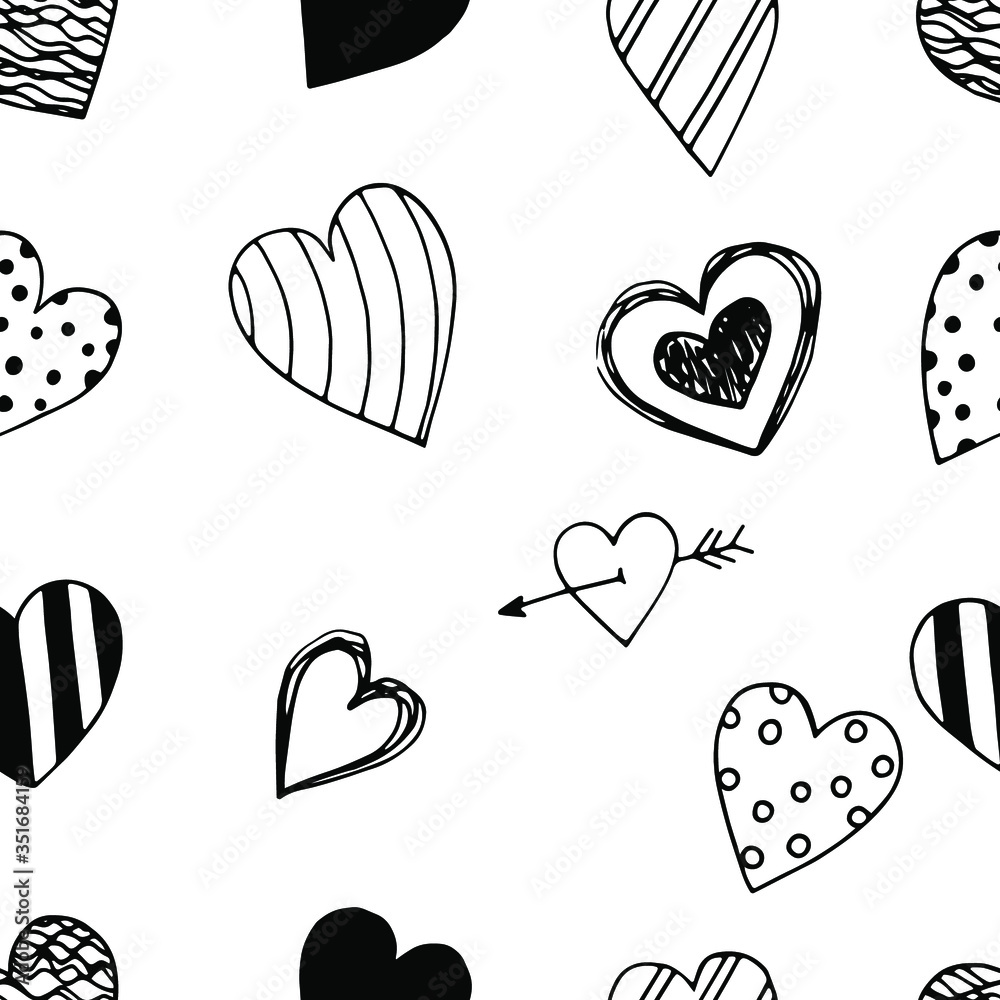 Seamless doodle pattern with hearts. Hand drawn illustration for cards ...