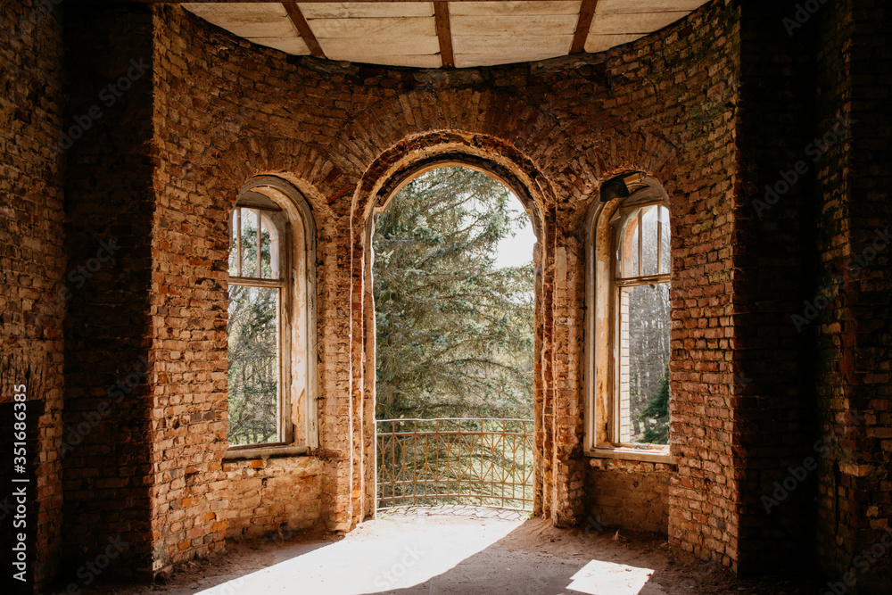 old brick destroyed building. Ruined walls and windows Stock Photo ...