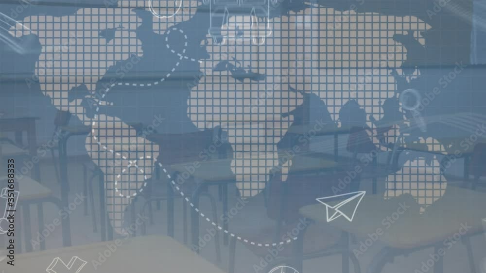 Animation of world map over icons on empty room background Stock Video ...