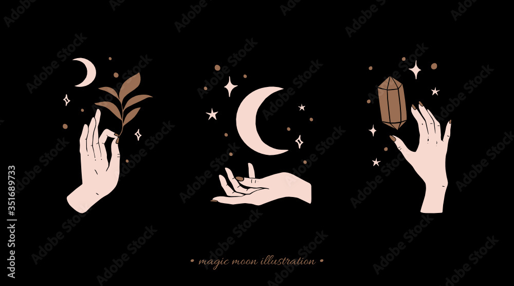 Set of mystical symbols hands, moon and stars, crystal, branch. Vector ...