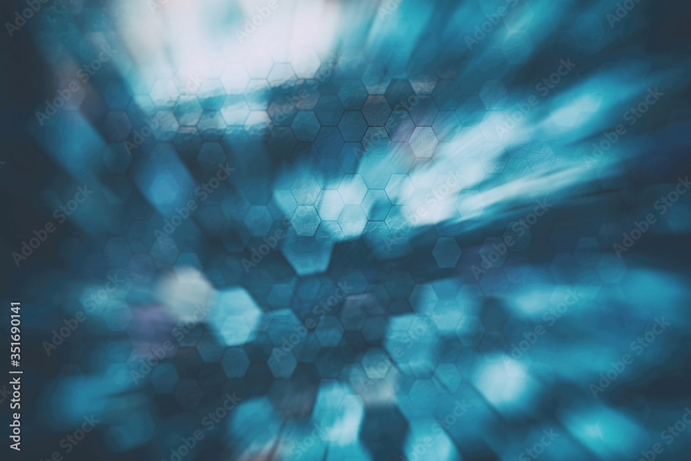 Abstract blue background with bokeh light effect. Hexagon background with explosion effect ...