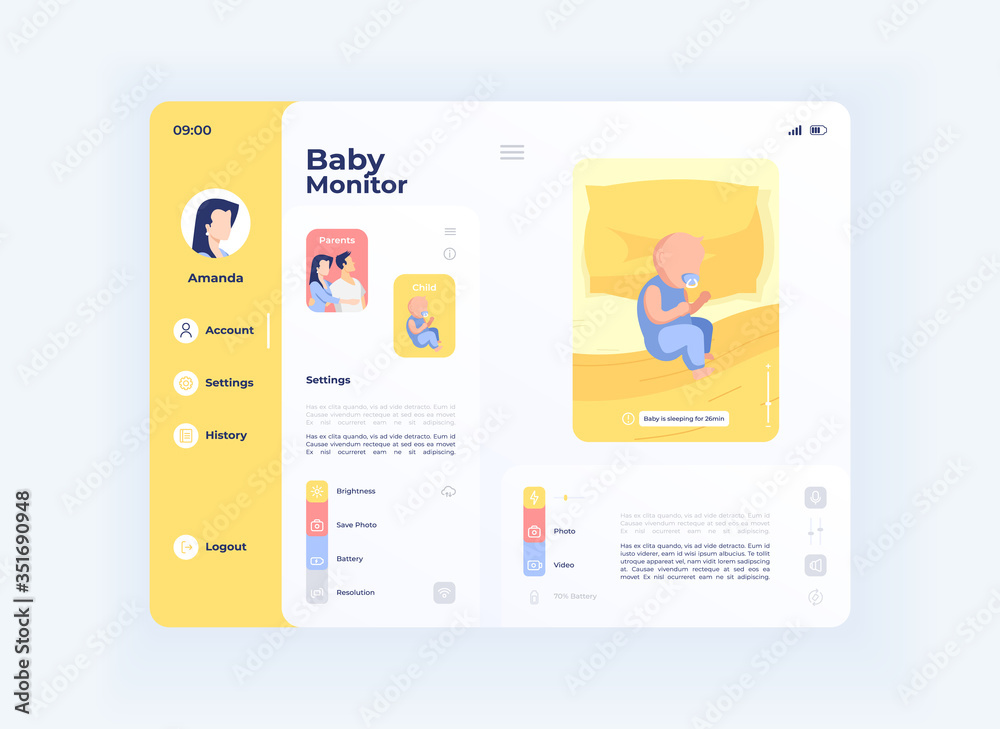 Parenting baby control tablet interface vector template. Mobile app ...