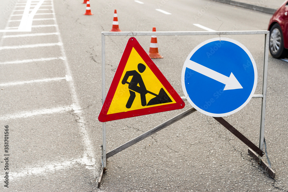 car signs to control the direction of traffic, road markings Stock ...