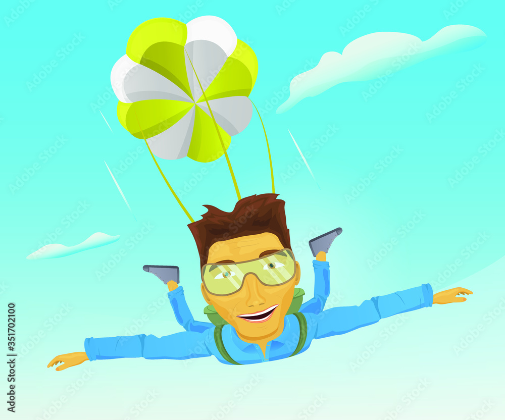 Young cheerful man is flying with a parachute. Skydiver performing a ...