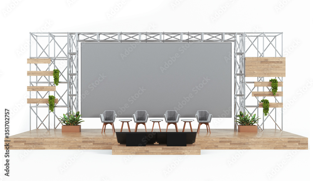 Wood and metal event stage with conference panel chairs, industrial ...