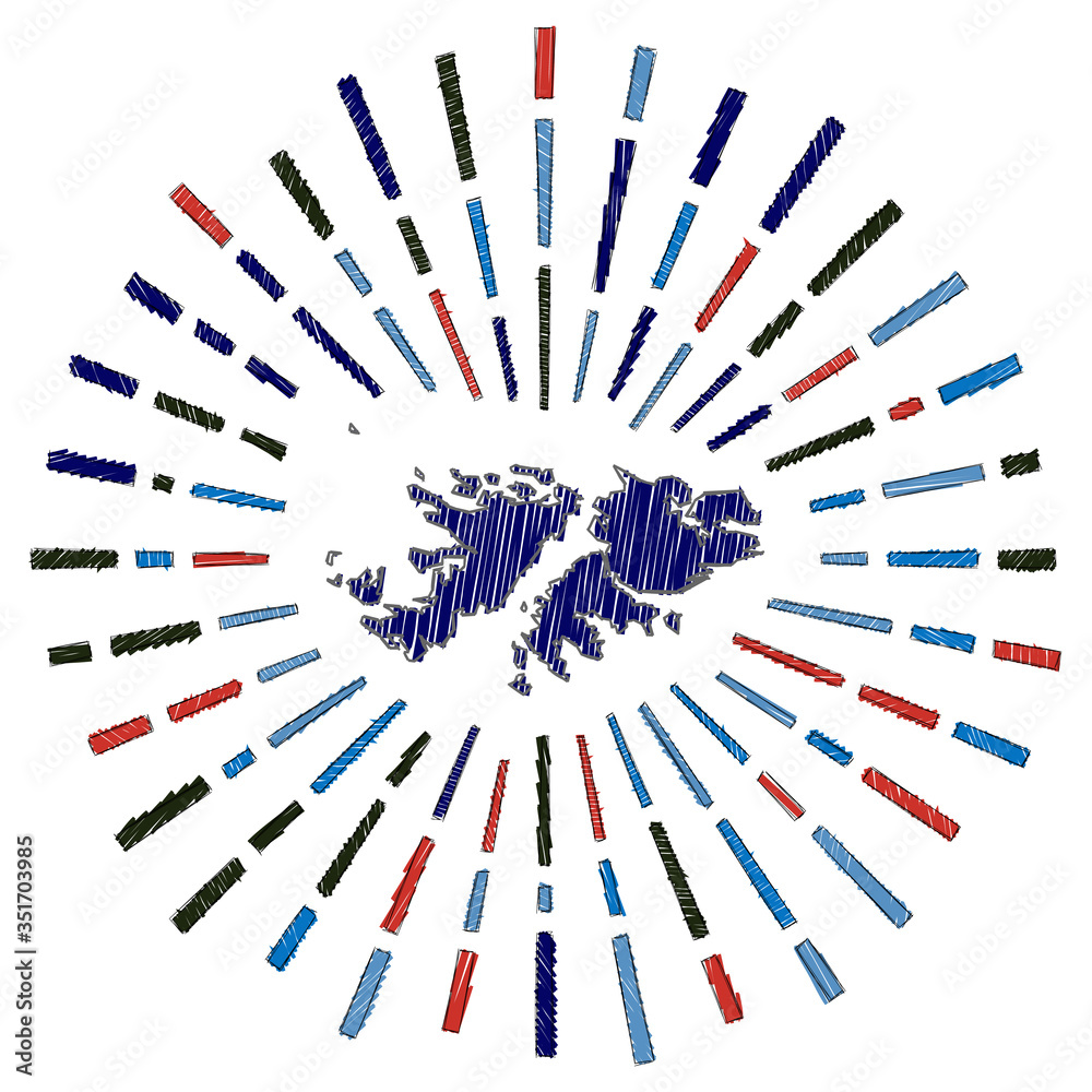 Sketch map of Falklands. Sunburst around the country in flag colors ...