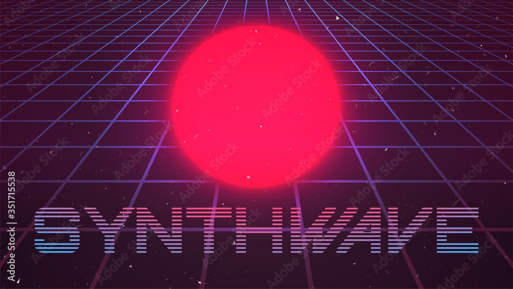 Synth wave poster. Perspective grid on dark background. Retro style ...