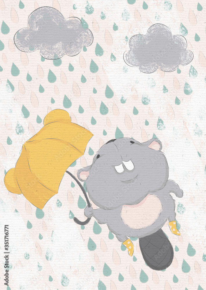 Cartoon beaver dancing in the rain. Can be used for invitation cards ...