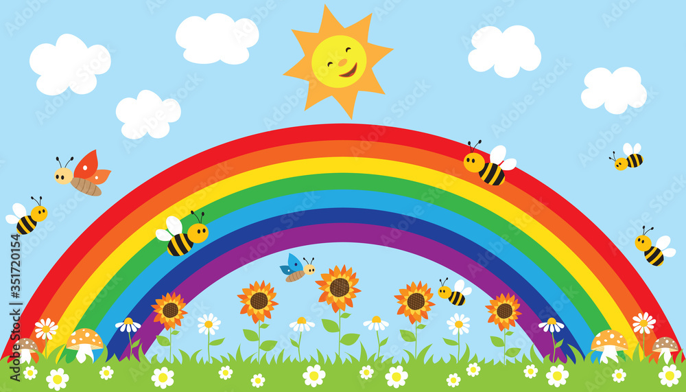 A colorful illustration of a rainbow, happy sun, flowers and bees ...