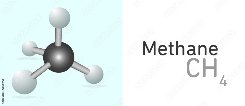 Methane (CH4) gas molecule. Stick model. Structural Chemical Formula ...