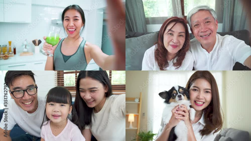 Asian family using video conference. Grandparent, father, mother, child ...