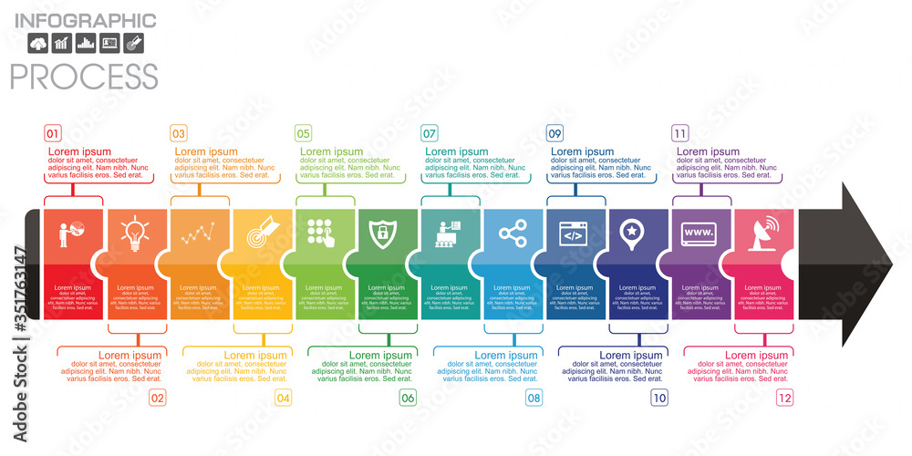 Timeline Infographic chart with many color and icons. Vector design ...