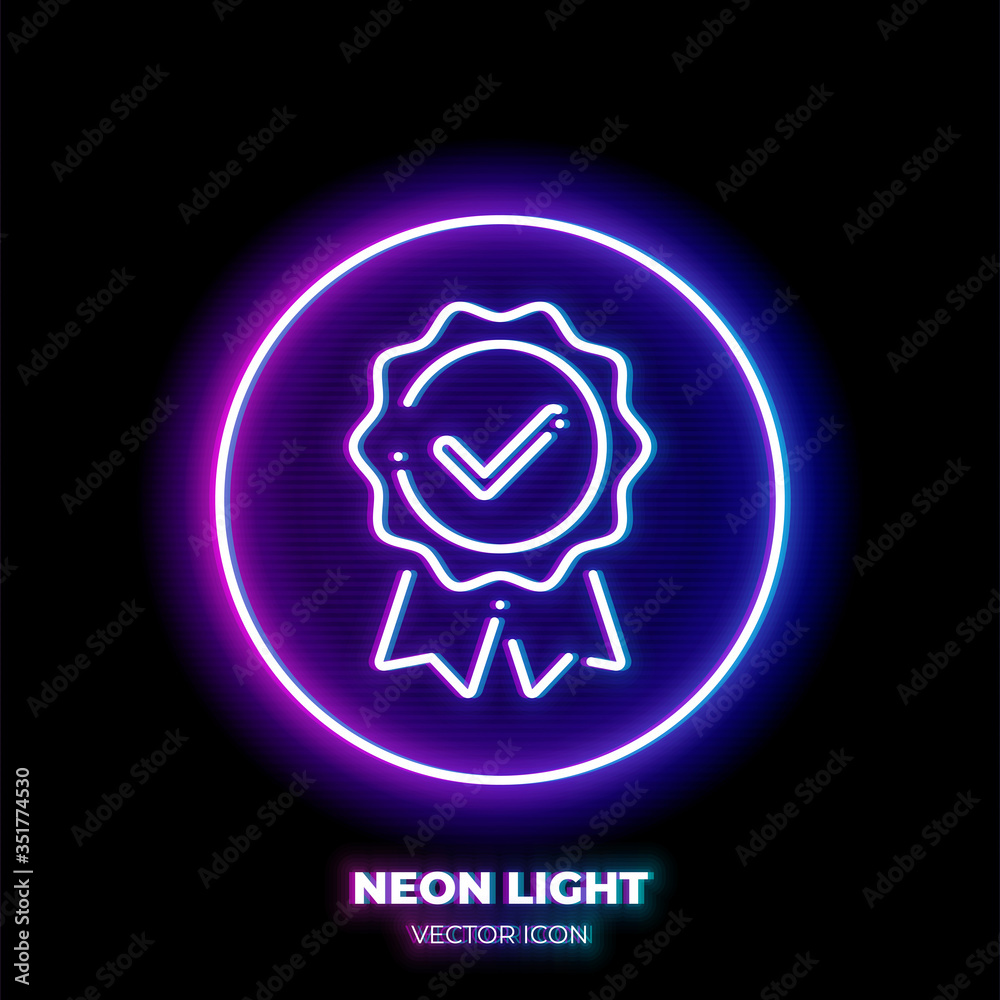 Guarantee neon light line art vector icon. Outline symbol of quality ...