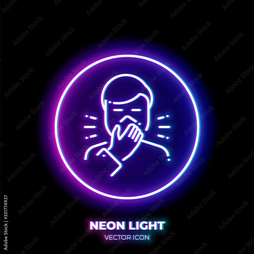 Man coughing in tissue neon light line art vector icon. Outline symbol ...