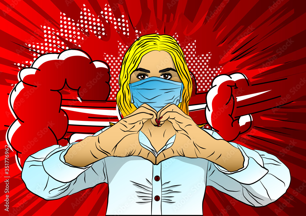 Pop Art Young pretty woman wearing face mask and doing a love sign with ...