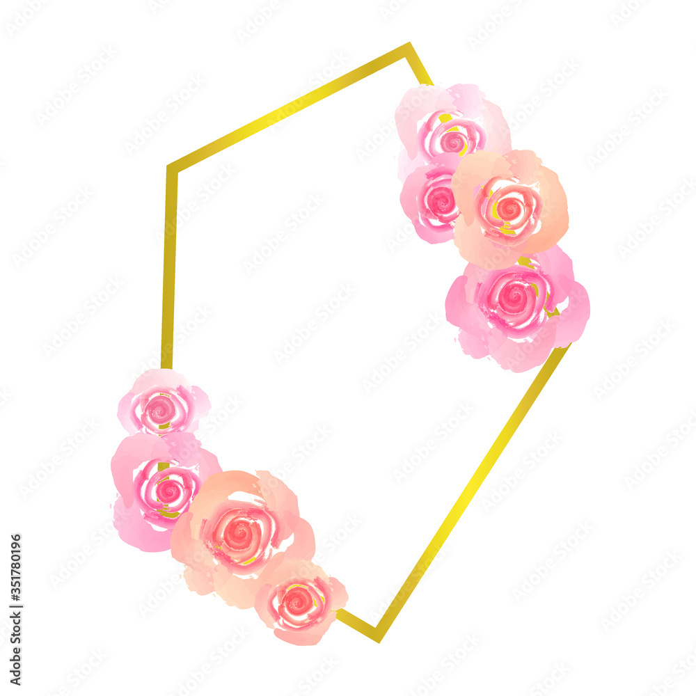 Botanical rose template with golden frame and flowers for invite ...
