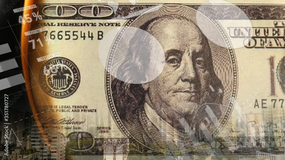 Animation of graphs and statistics rolling over an American dollar bill ...