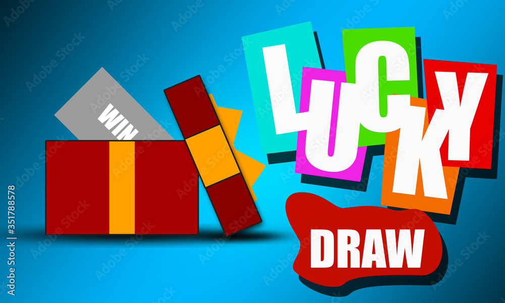 Prize box opening with colorful lucky draw word Stock Illustration ...