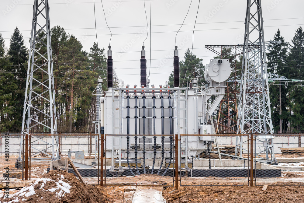 High-voltage substation with power lines, switches and disconnectors ...