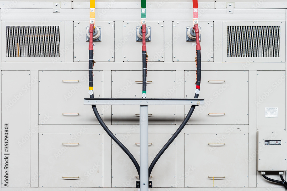 High-voltage substation with power lines, switches and disconnectors ...