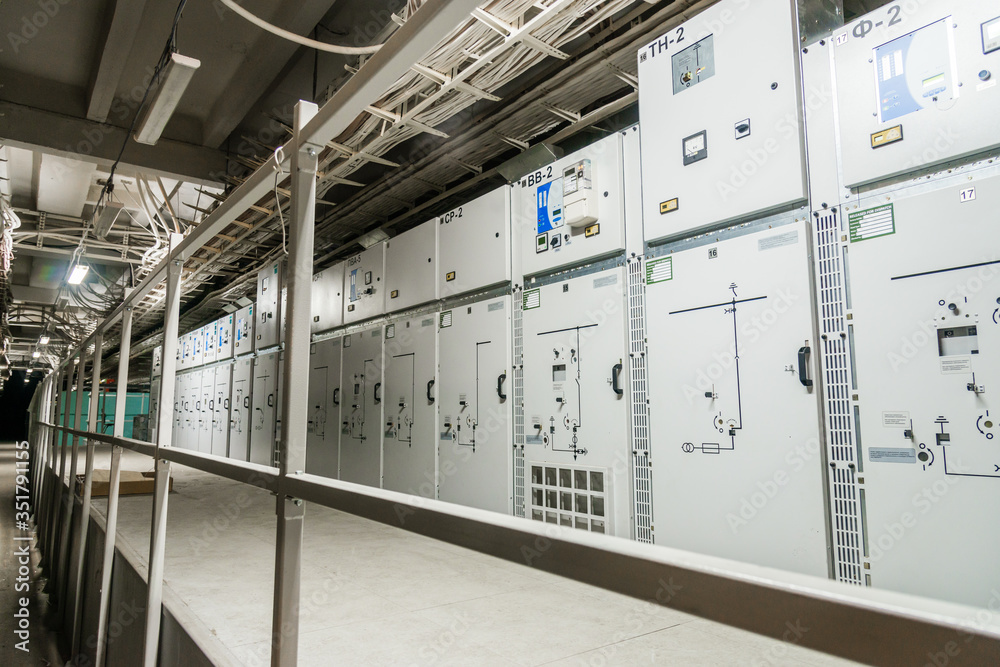 High-voltage substation with power lines, switches and disconnectors ...