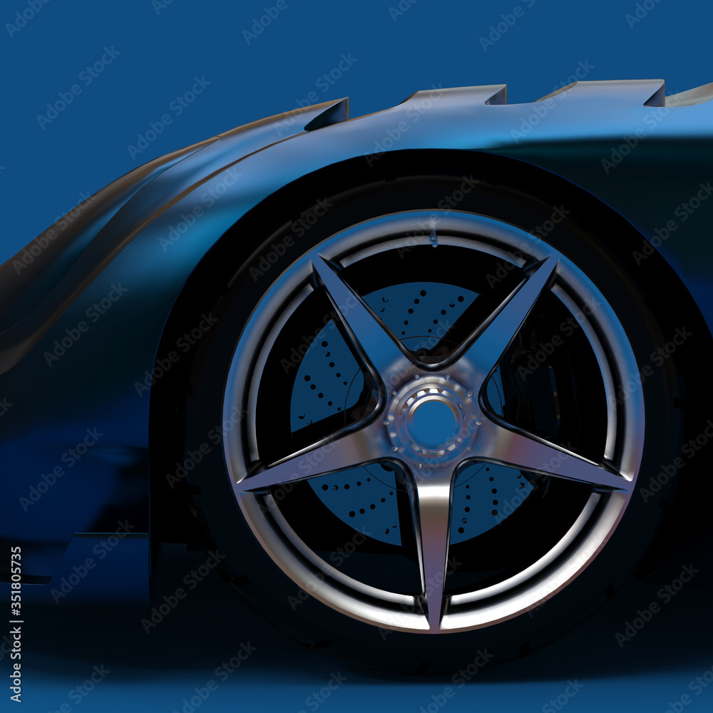 Blue Luxury Car Background with Beautiful Wheel and Brake Parts CloseUp ...