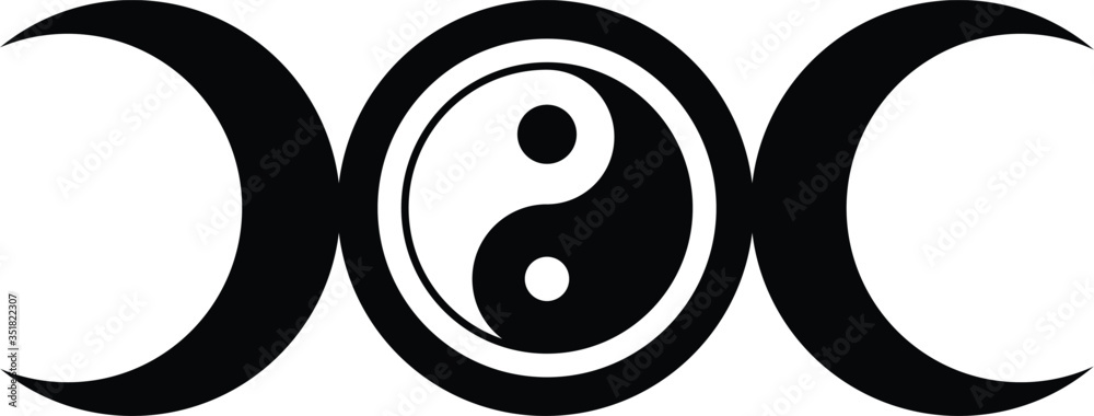 Triple Moon Symbol with ying and yang at the centre in black and white ...