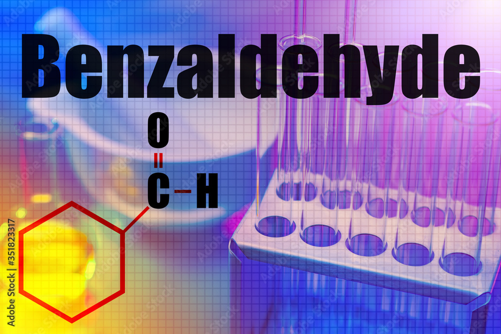 Black inscription of benzaldehyde and molecular formula on the ...
