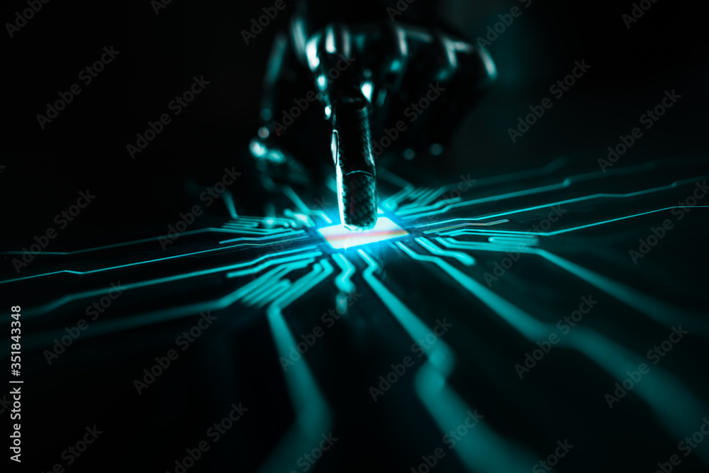 Poster Digitalization Concept: Futuristic Robot Arms, Finger Touches ...