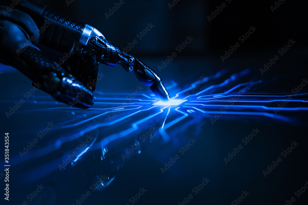 Digitalization Concept: Futuristic Robot Arm Interacting with Screen ...