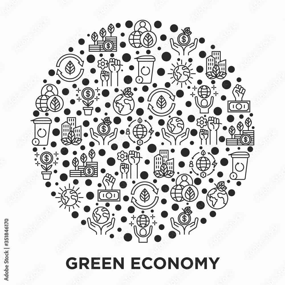 Green economy concept in circle with thin line icons: financial growth ...