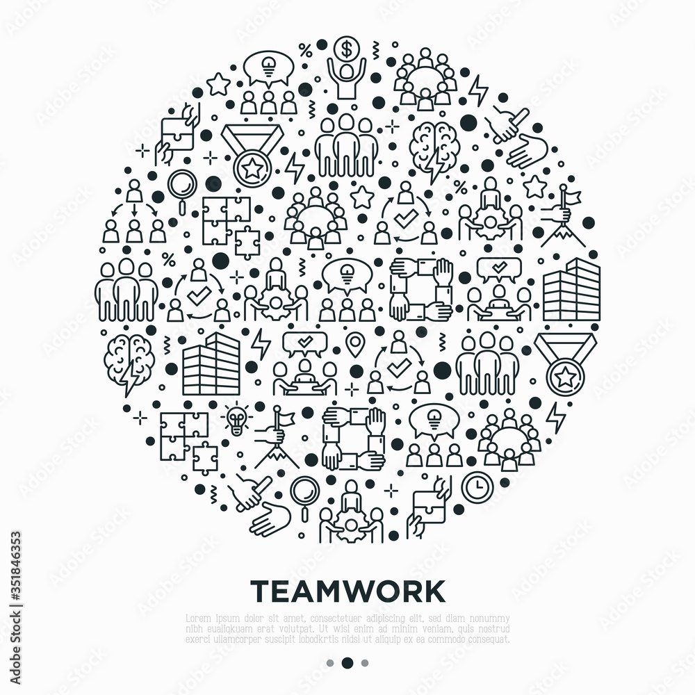 Teamwork concept in circle with thin line icons: relay race, brainstorm ...