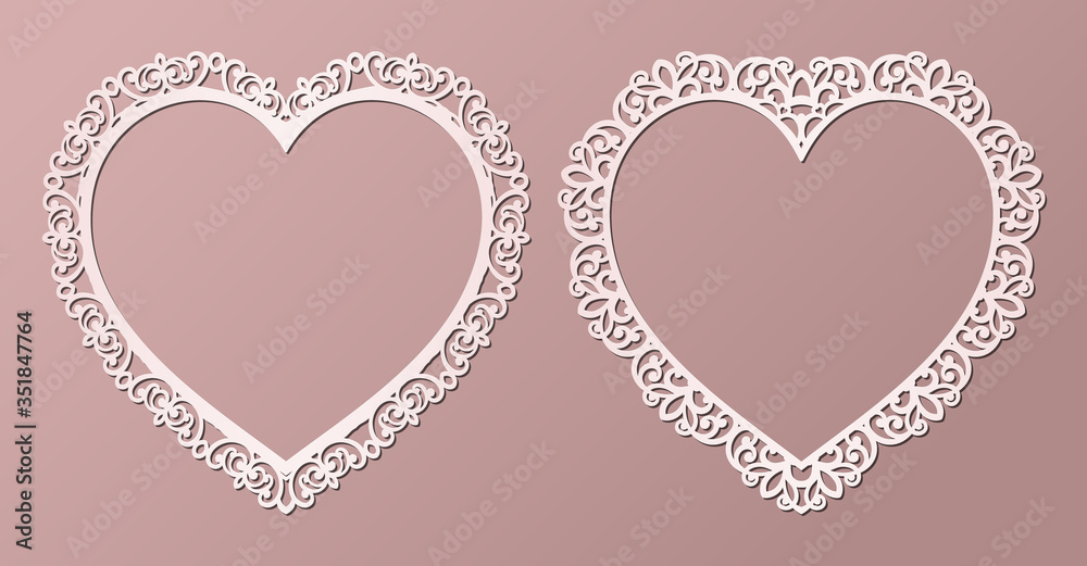 Laser cut paper lace frames in the shape of heart, vector illustration ...