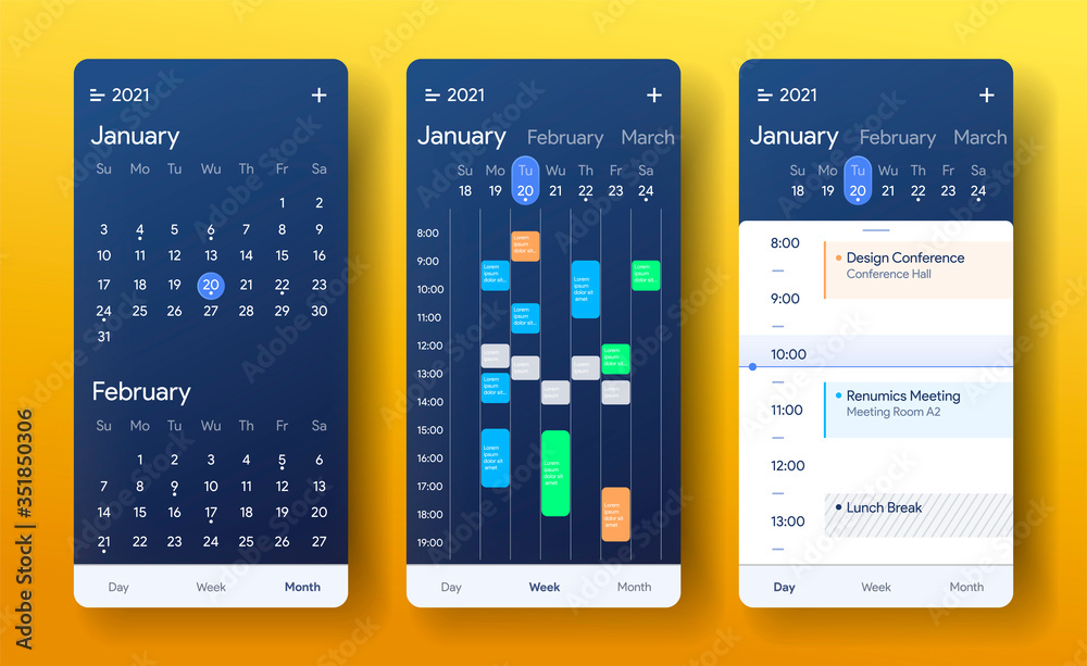 Mobile calendar app. Month, week and day interface application. Daily ... Mobile calendar app. Month, week and day interface application. Daily ...