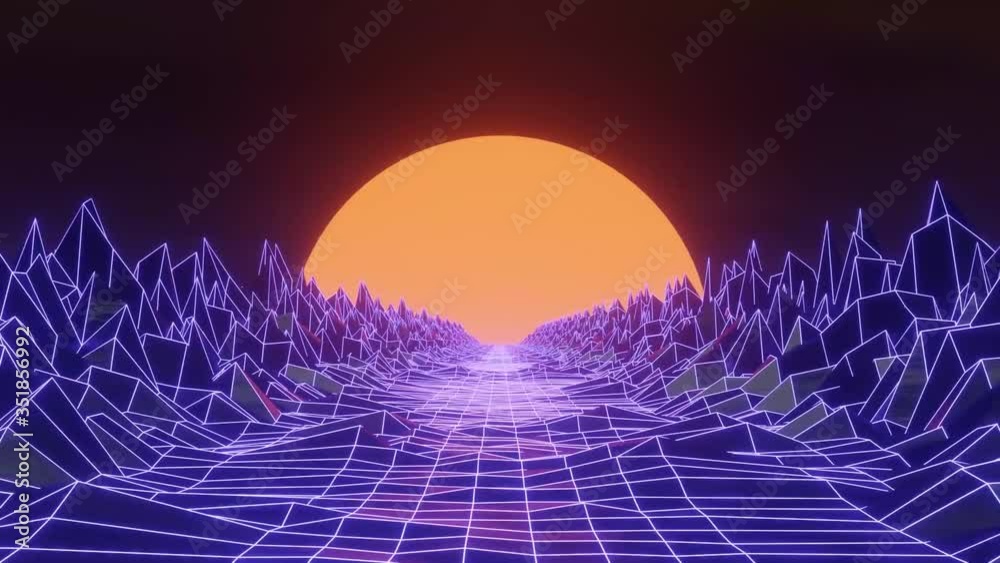 80s retro futuristic sci-fi seamless loop. Retrowave landscape, neon lights and low poly terrain ...